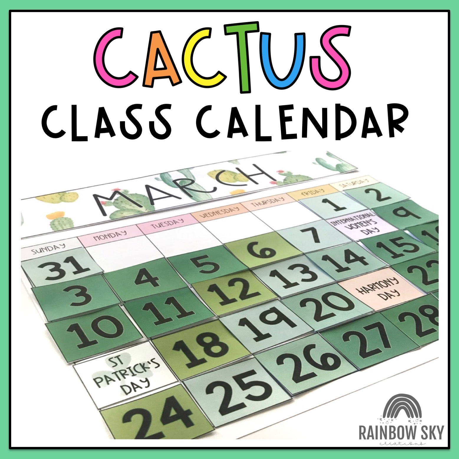 Daily & Monthly Calendar Display [Cactus & Succulent Theme] – Rainbow ...
