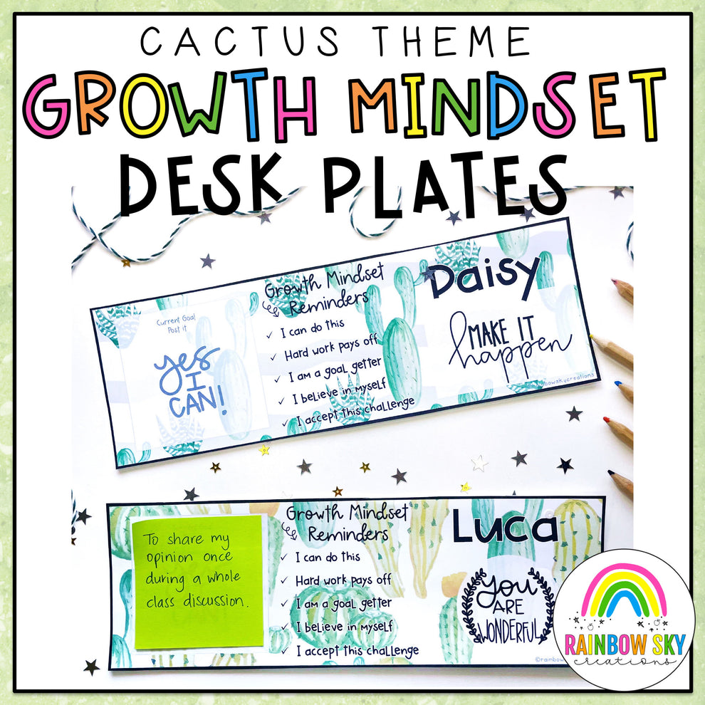 Growth Mindset Editable Desk Plates | Desk Name Tags [Cactus Theme ...