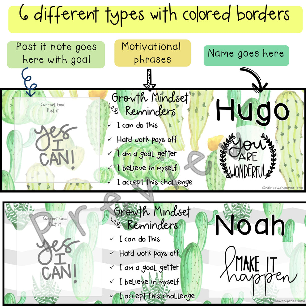 Growth Mindset Editable Desk Plates | Desk Name Tags [Cactus Theme ...