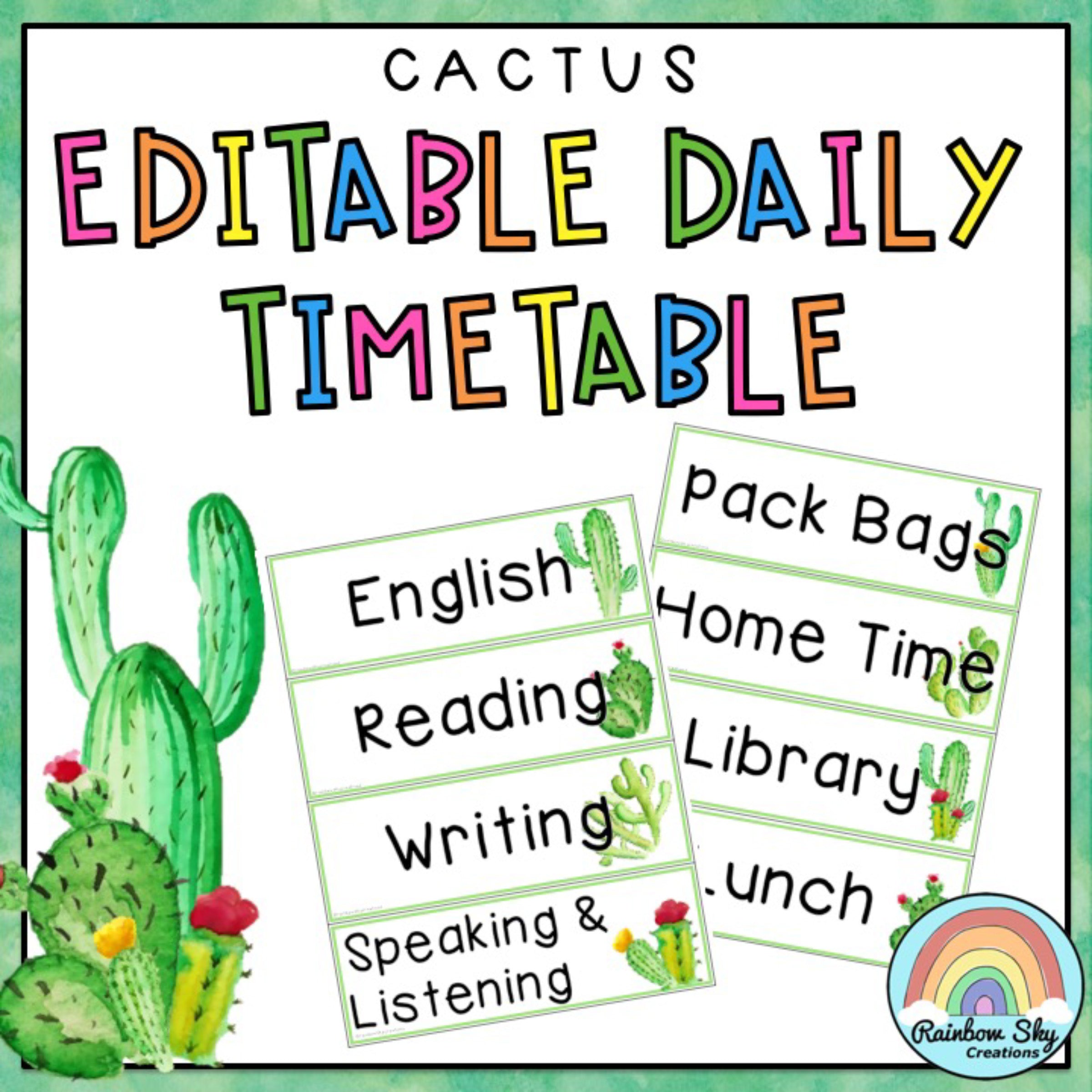 Editable Daily Timetable | Class Schedule [Cactus Theme] – Rainbow Sky ...