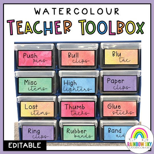 Editable Teacher Toolbox Labels [Watercolour Theme] – Rainbow Sky ...