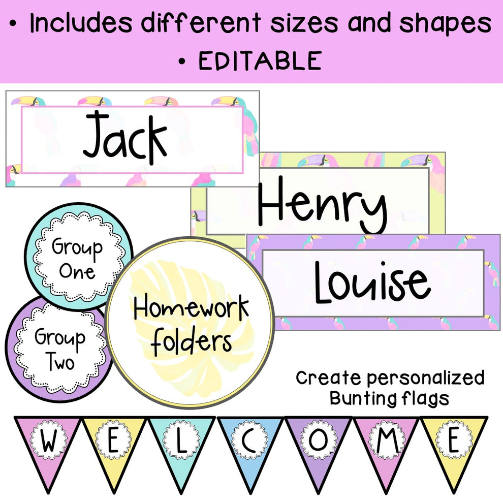 Editable Labels | Classroom Labels | Name Tags [Toucan Theme] – Rainbow ...