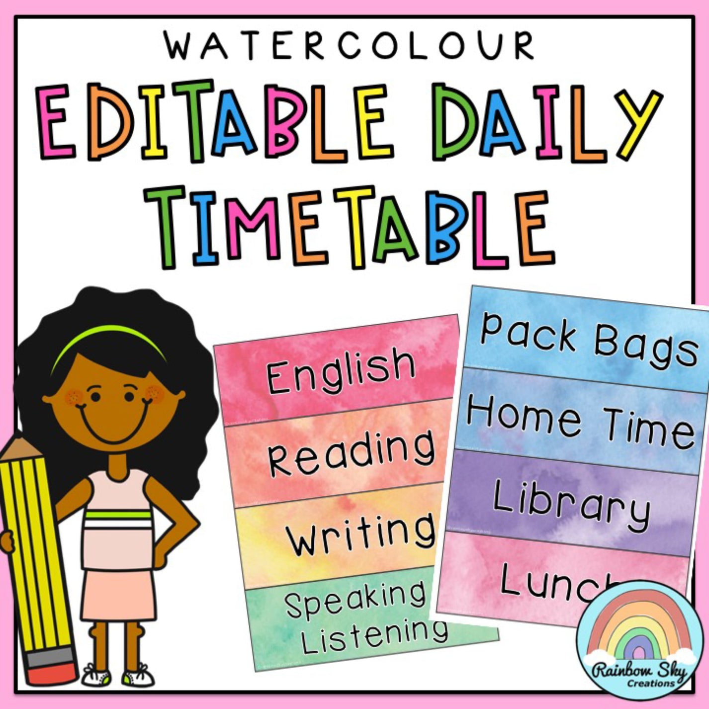 Editable Daily Timetable & Class Schedule (Watercolour Theme) – Rainbow ...
