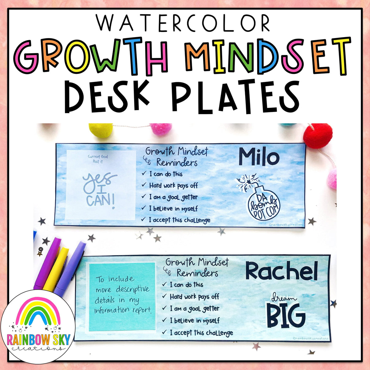 Growth Mindset Desk Plates (Watercolour theme) – Rainbow Sky Creations AU